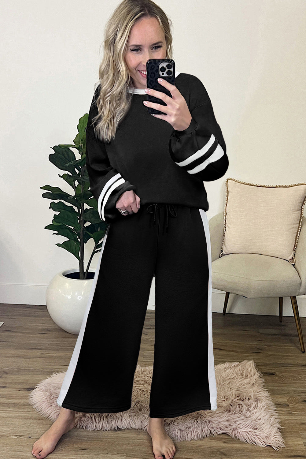 Black Contrast Trim Long Sleeve Pullover and Pants Set – Magnolia Threads